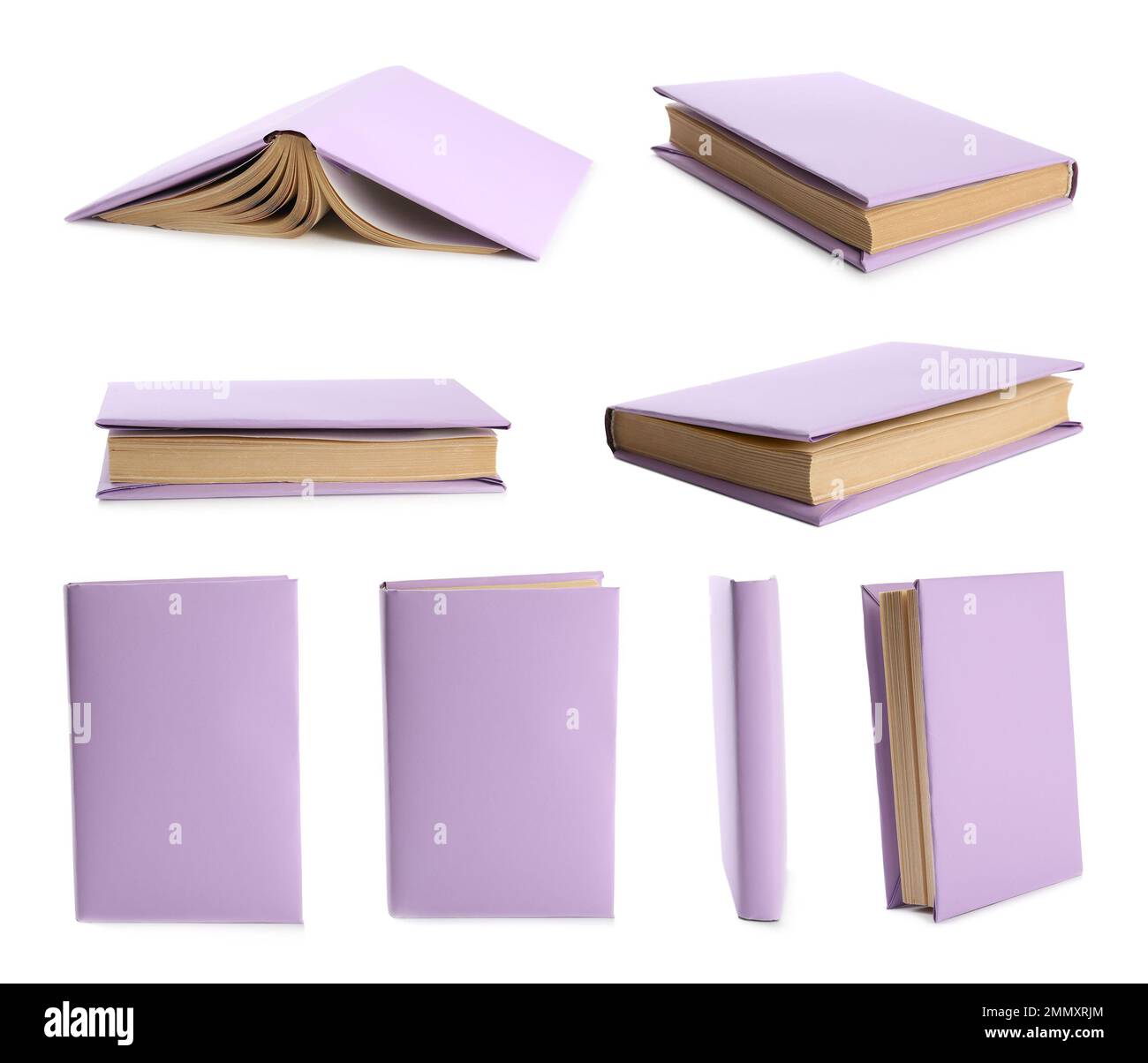 Set of lilac cover books on white background Stock Photo - Alamy
