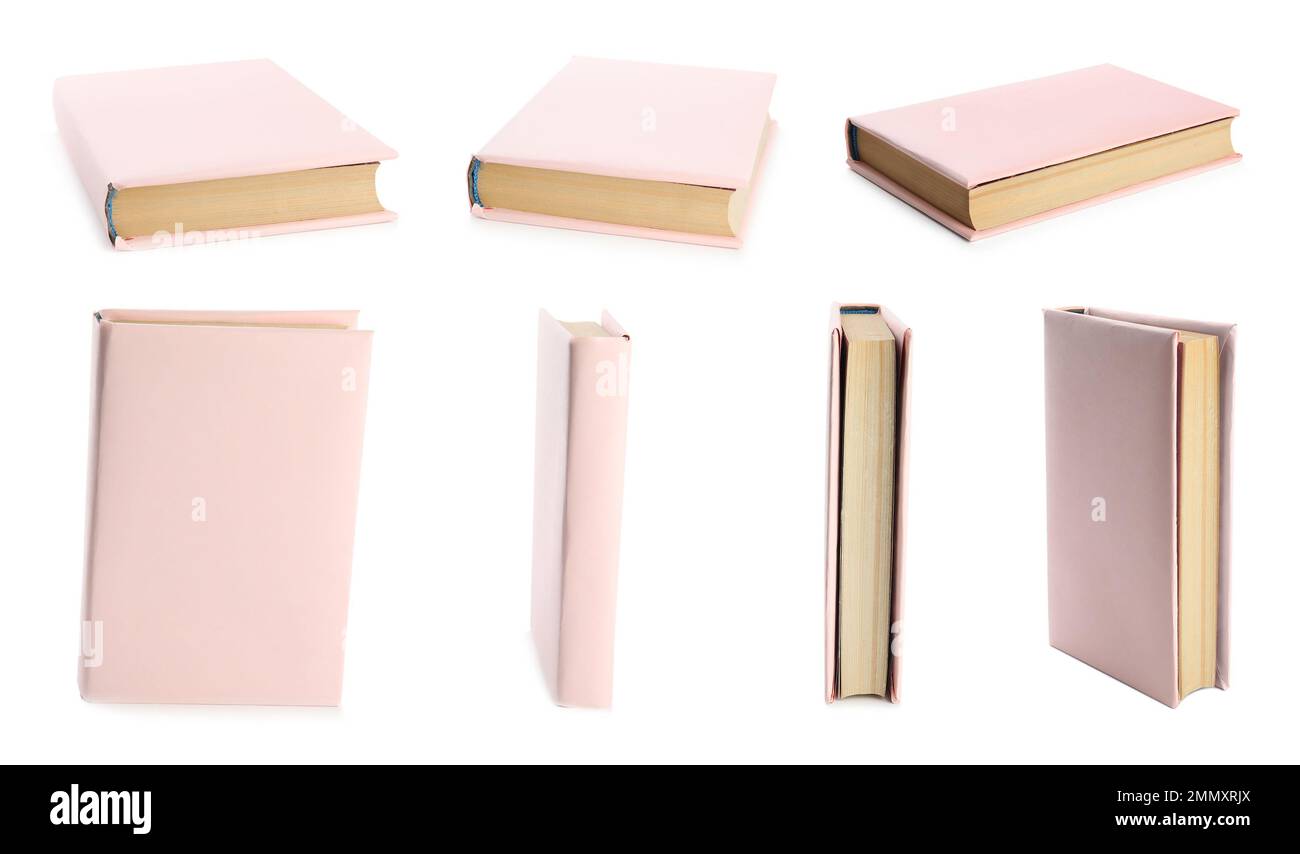 Set of pink cover books on white background Stock Photo - Alamy