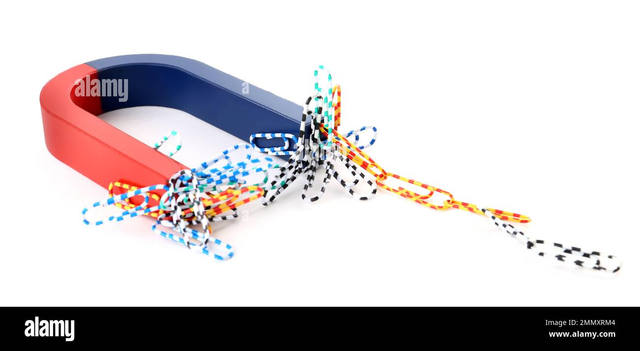 Magnet attracting paper clips on white background Stock Photo - Alamy