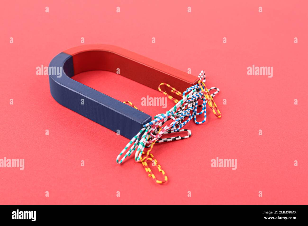 Magnet attracting paper clips on red background Stock Photo - Alamy