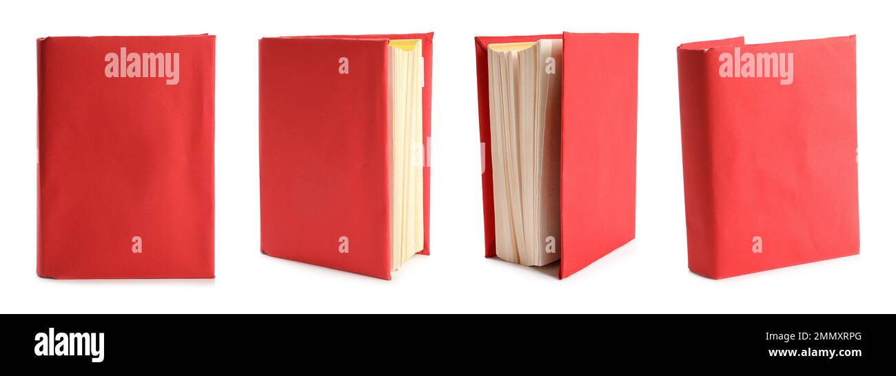 Set of red cover books on white background Stock Photo - Alamy