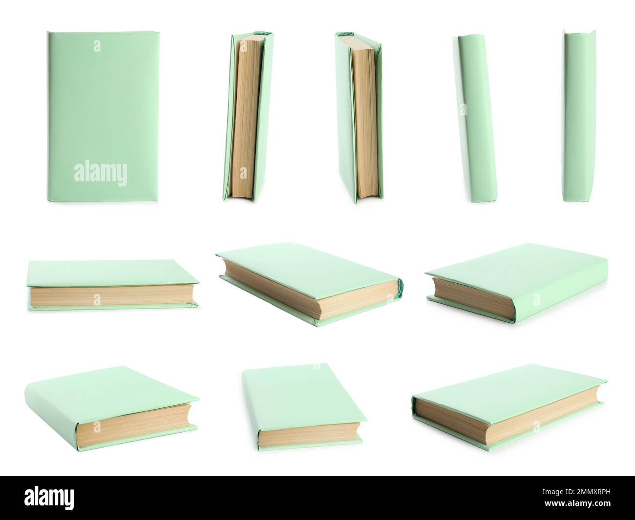 Set of light green cover books on white background Stock Photo - Alamy