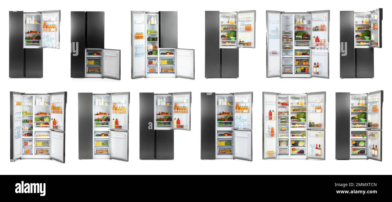 Collage of modern refrigerators on white background Stock Photo - Alamy