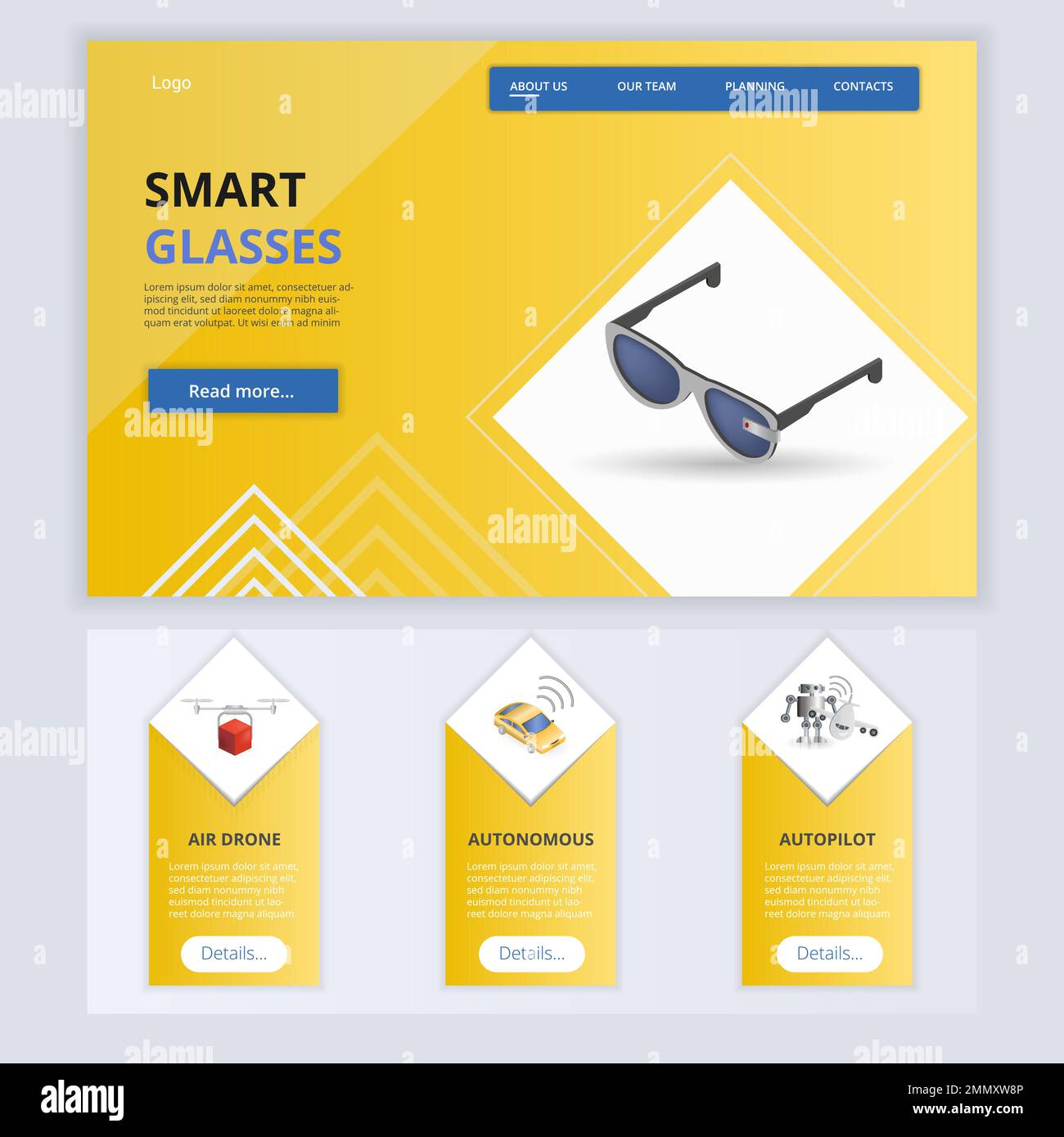Smart glasses flat landing page website template. Air drone, autonomous ...