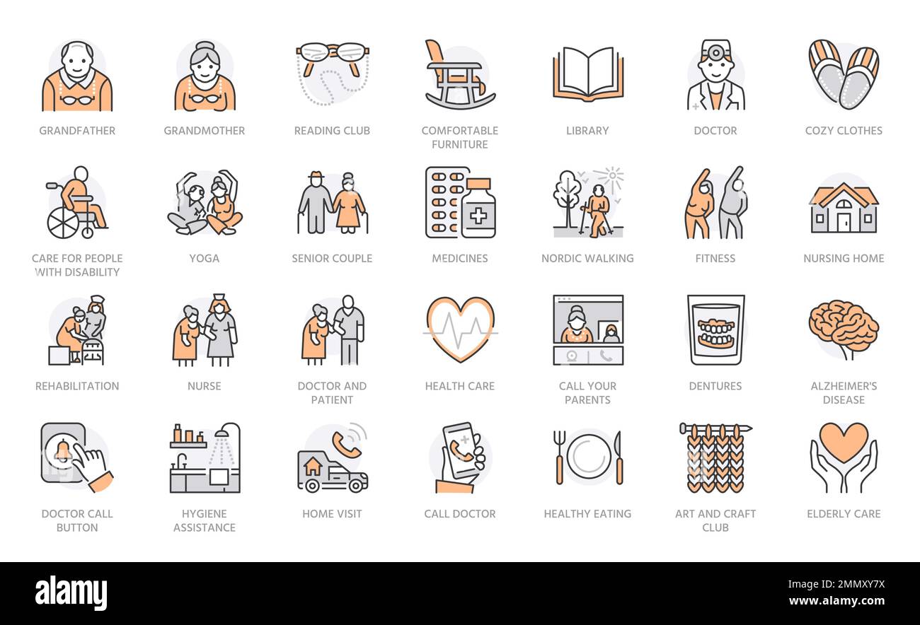 Elderly care line icons set. Grandfather, senior woman, nursing ...