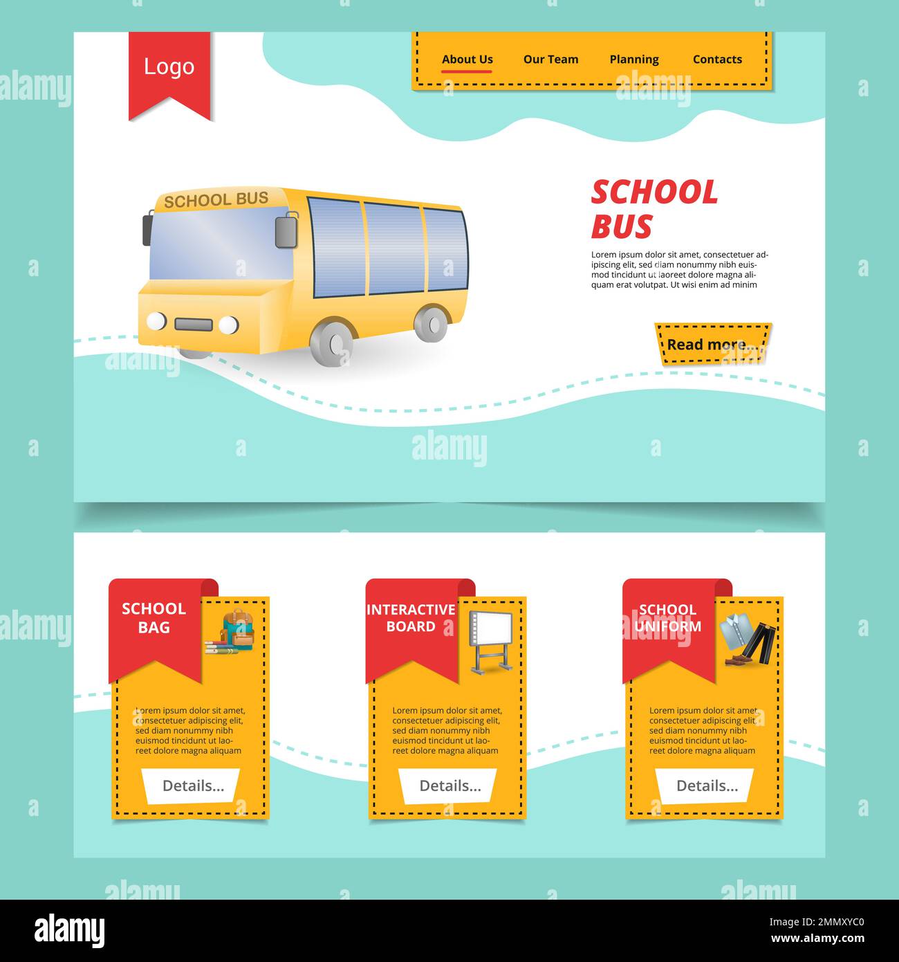 School bus flat landing page website template. School bag, interactive ...