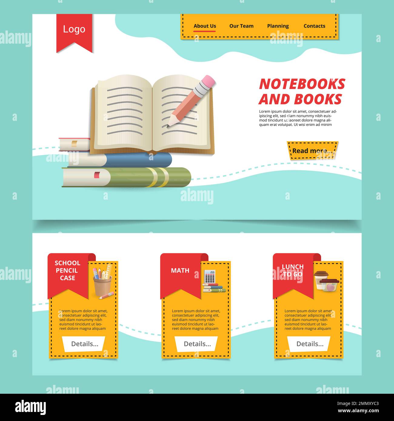 Notebooks and books flat landing page website template. School pencil ...
