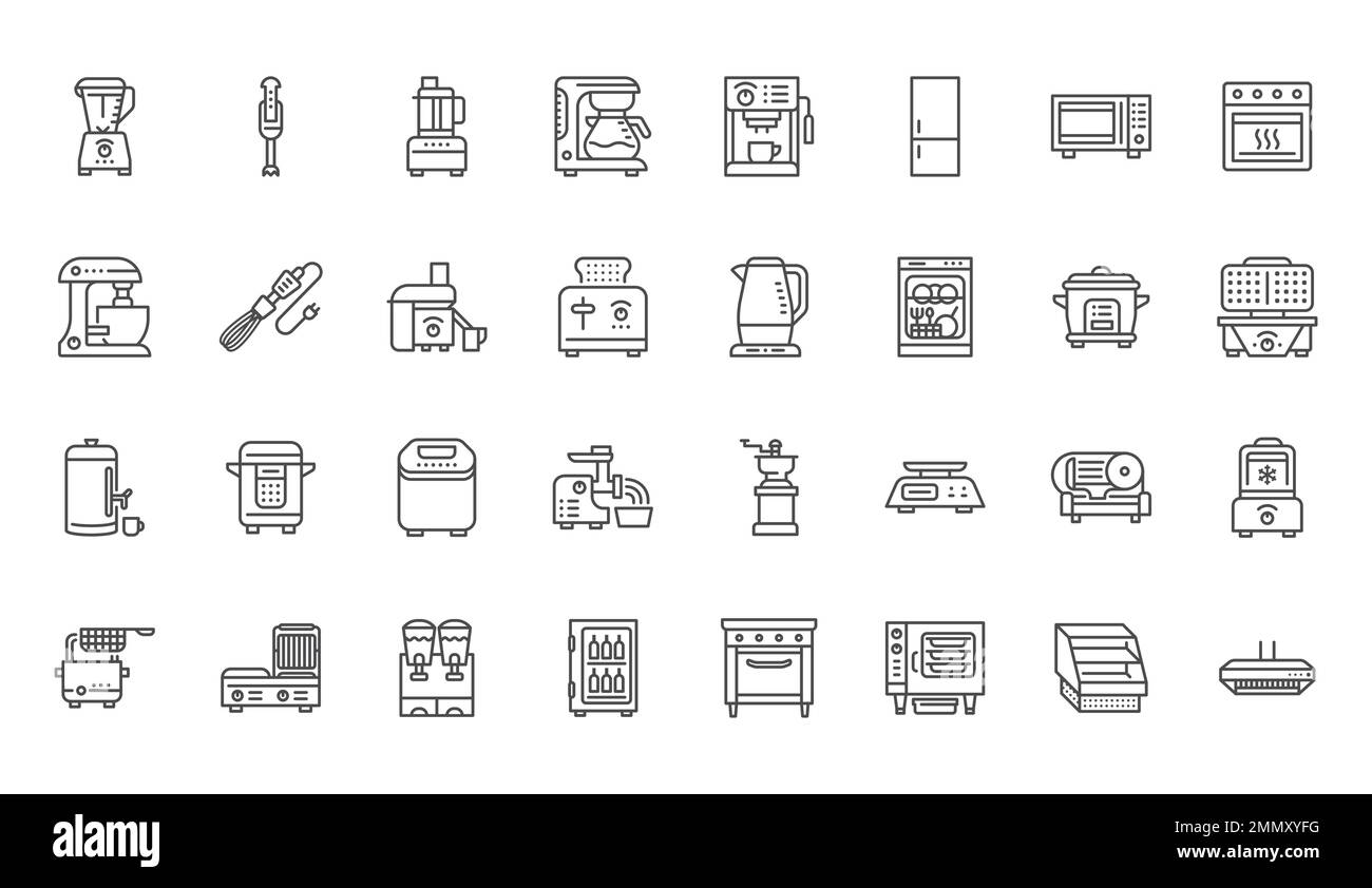 Kitchen appliance line icons set. Microwave oven, combi steamer ...
