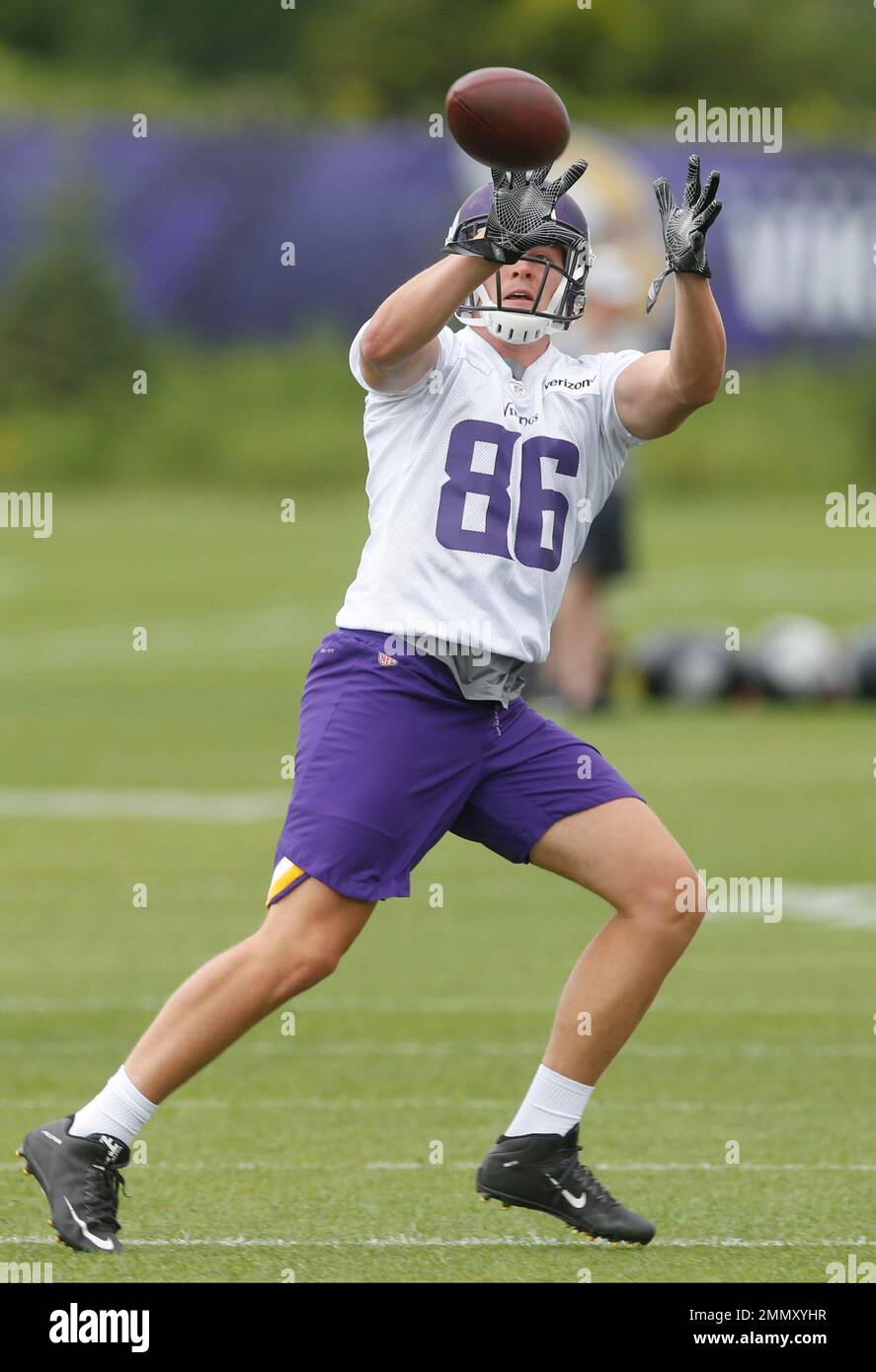 Minnesota Vikings tight end Tyler Hoppes pulled in a pass during NFL football practice in Eagan ...