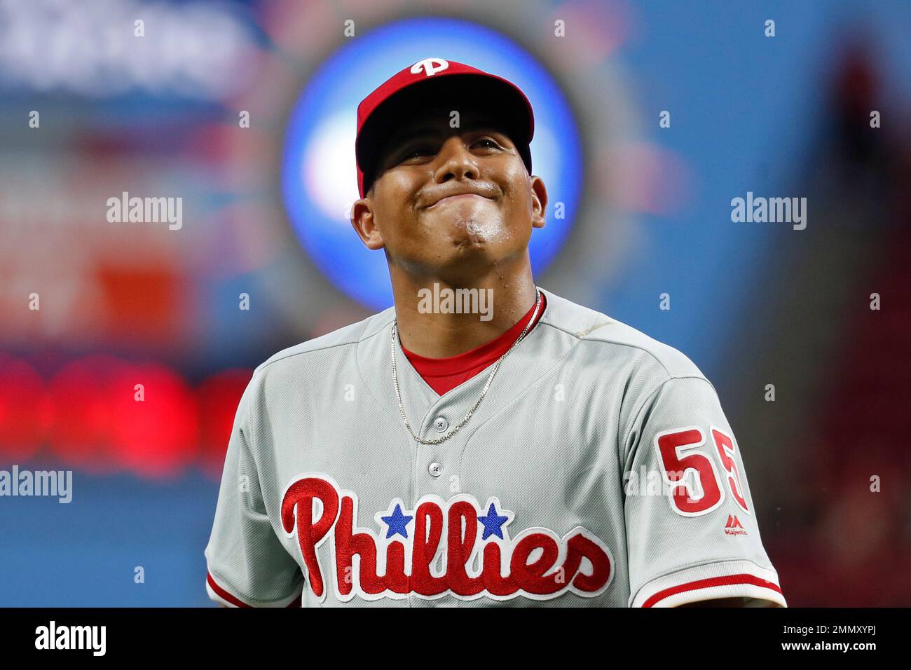 Philadelphia Phillies starting pitcher Ranger Suarez walks back to the ...