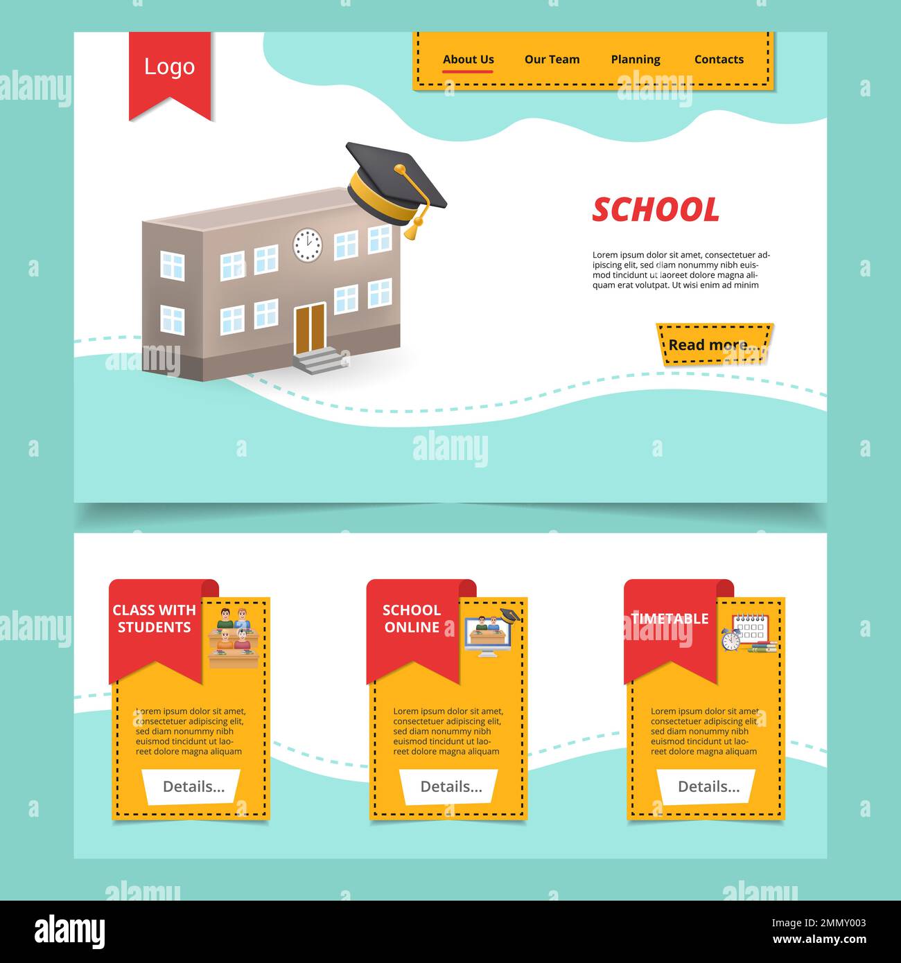 School flat landing page website template. Class with students, school ...