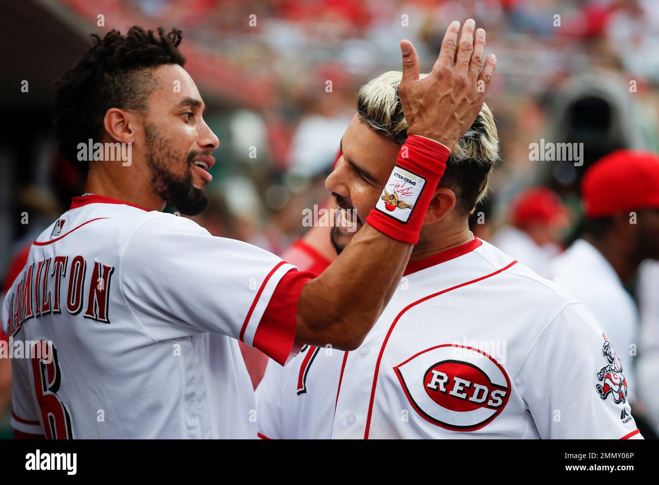 Cincinnati Reds' Eugenio Suarez, right, celebrates with Billy Hamilton ...
