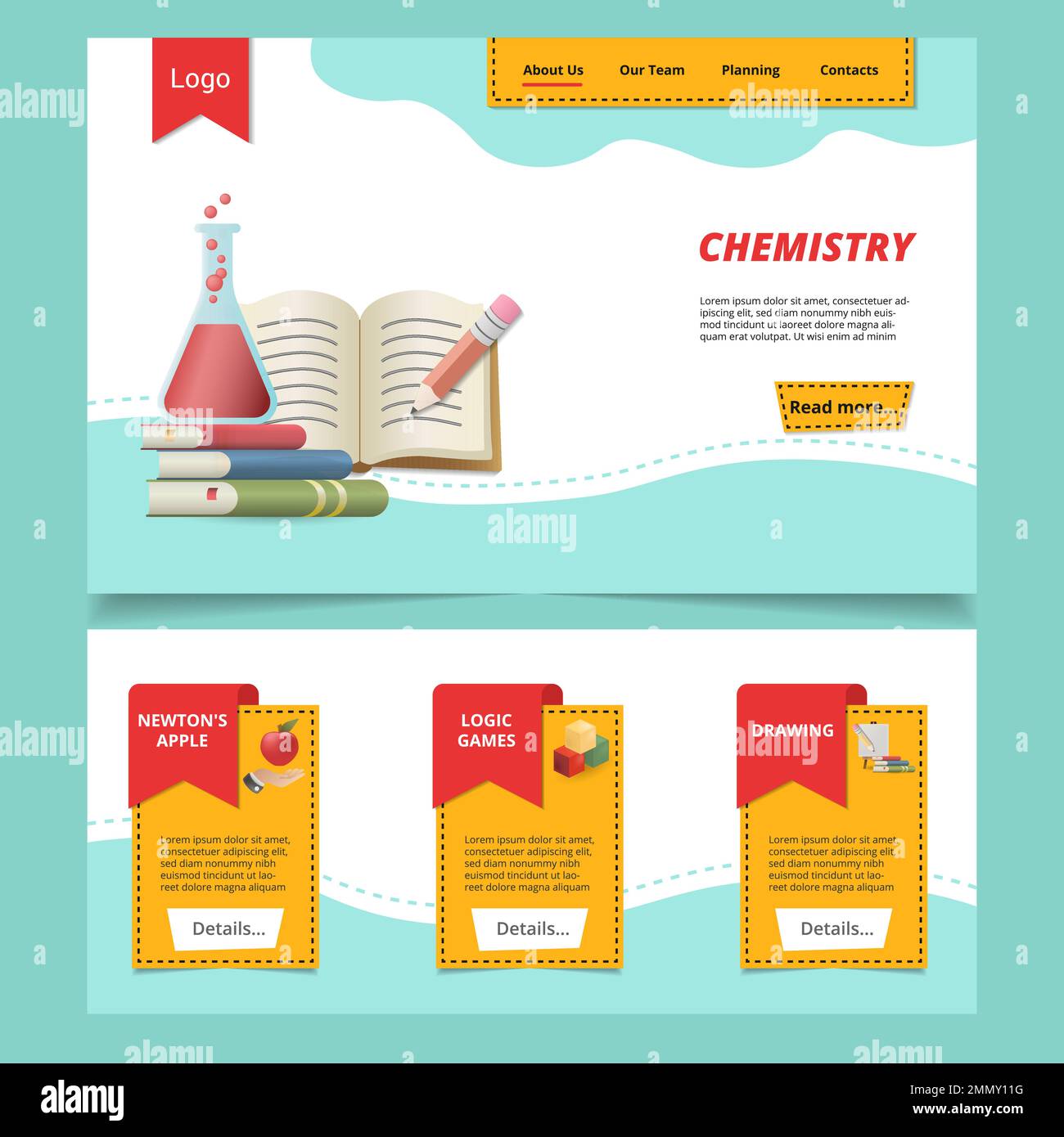 Chemistry flat landing page website template. Newton's apple, logic ...