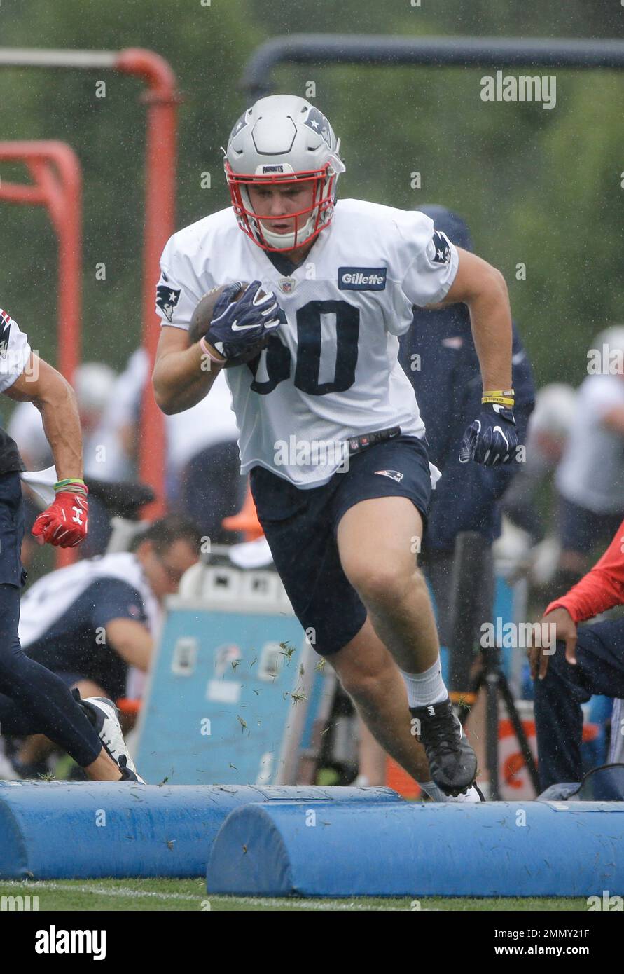 New England Patriots tight end Ryan Izzo performs agility drills during ...