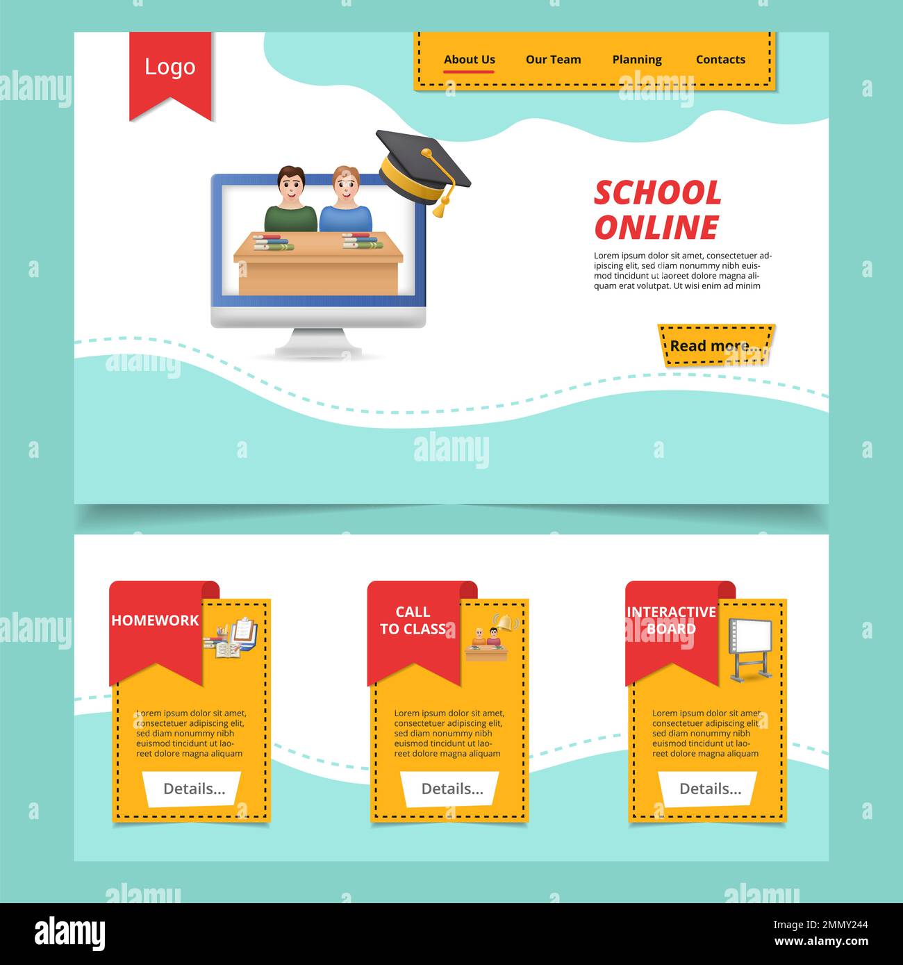 Online school flat landing page website template. Homework, call to class, interactive board ...