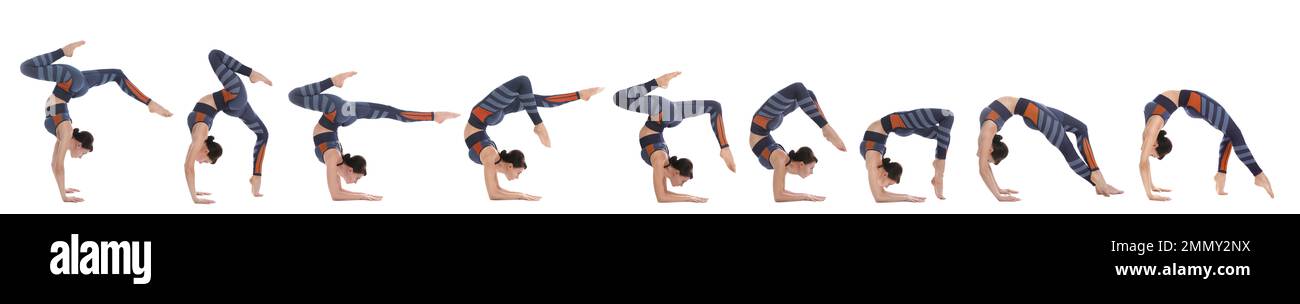 Collage of professional young acrobat exercising on white background ...