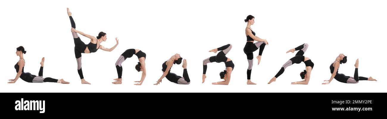 Collage of professional young acrobat exercising on white background ...