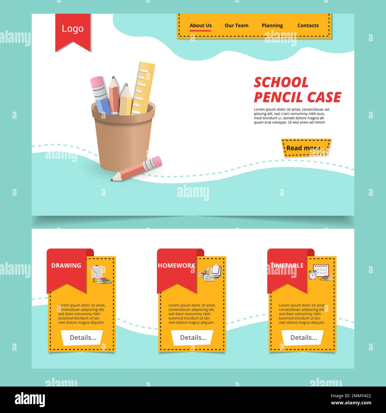 School pencil case flat landing page website template. Drawing ...