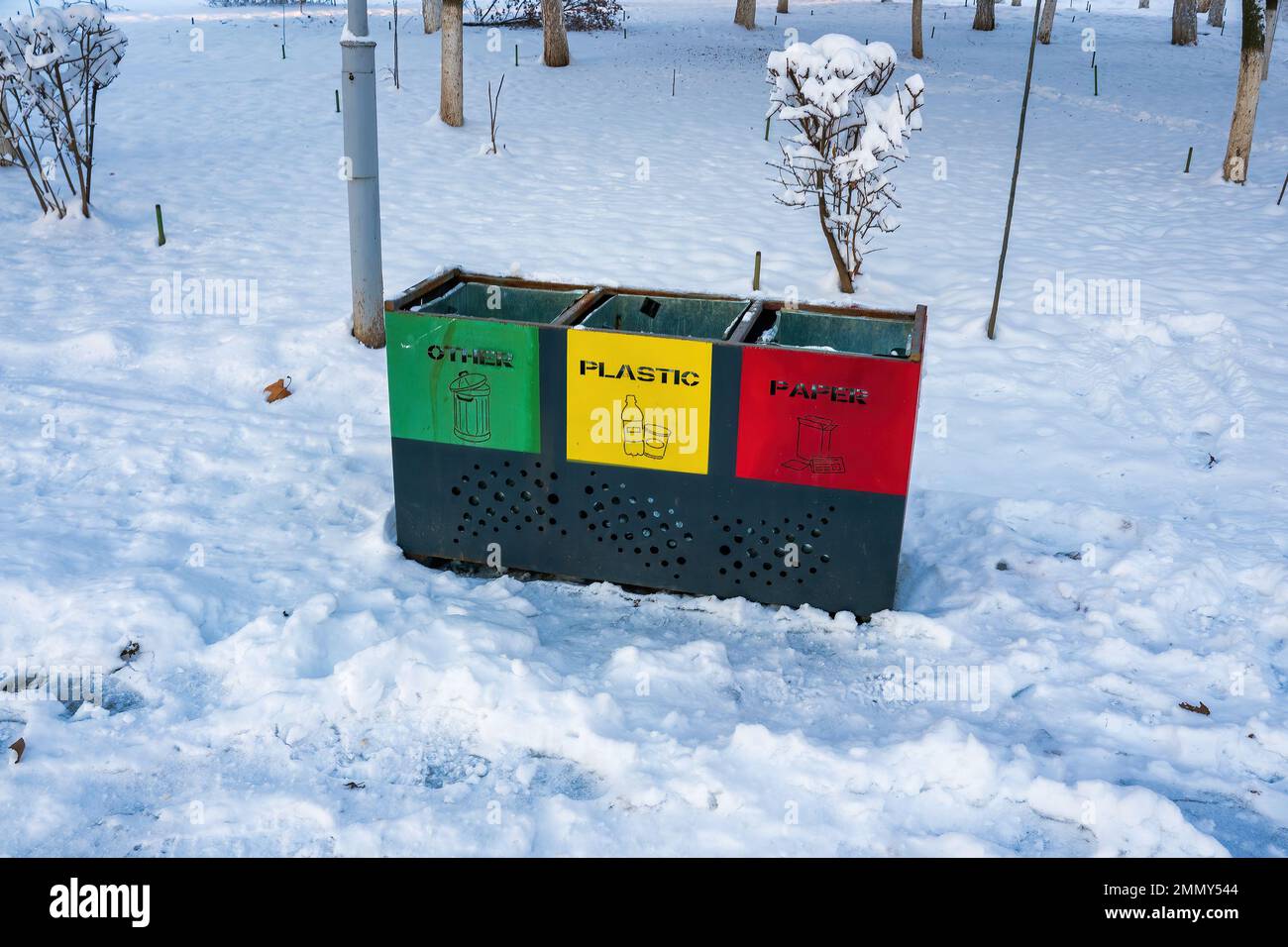 Iron multi-colored containers for separate waste collection. Waste ...
