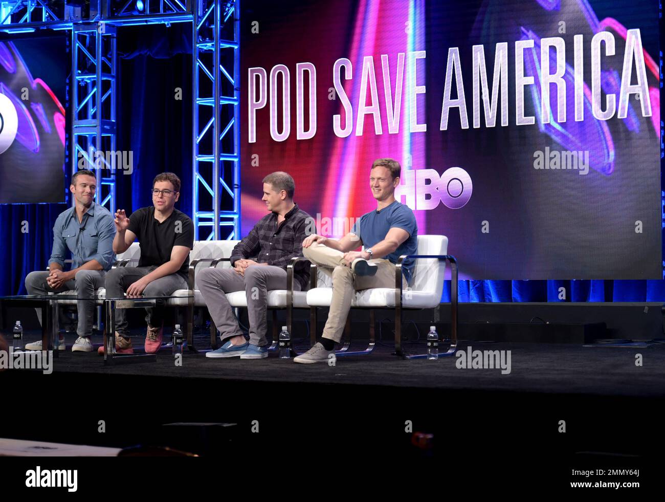 Jon Favreau, from left, Jon Lovett, Dan Pfeiffer and Tommy Vietor ...