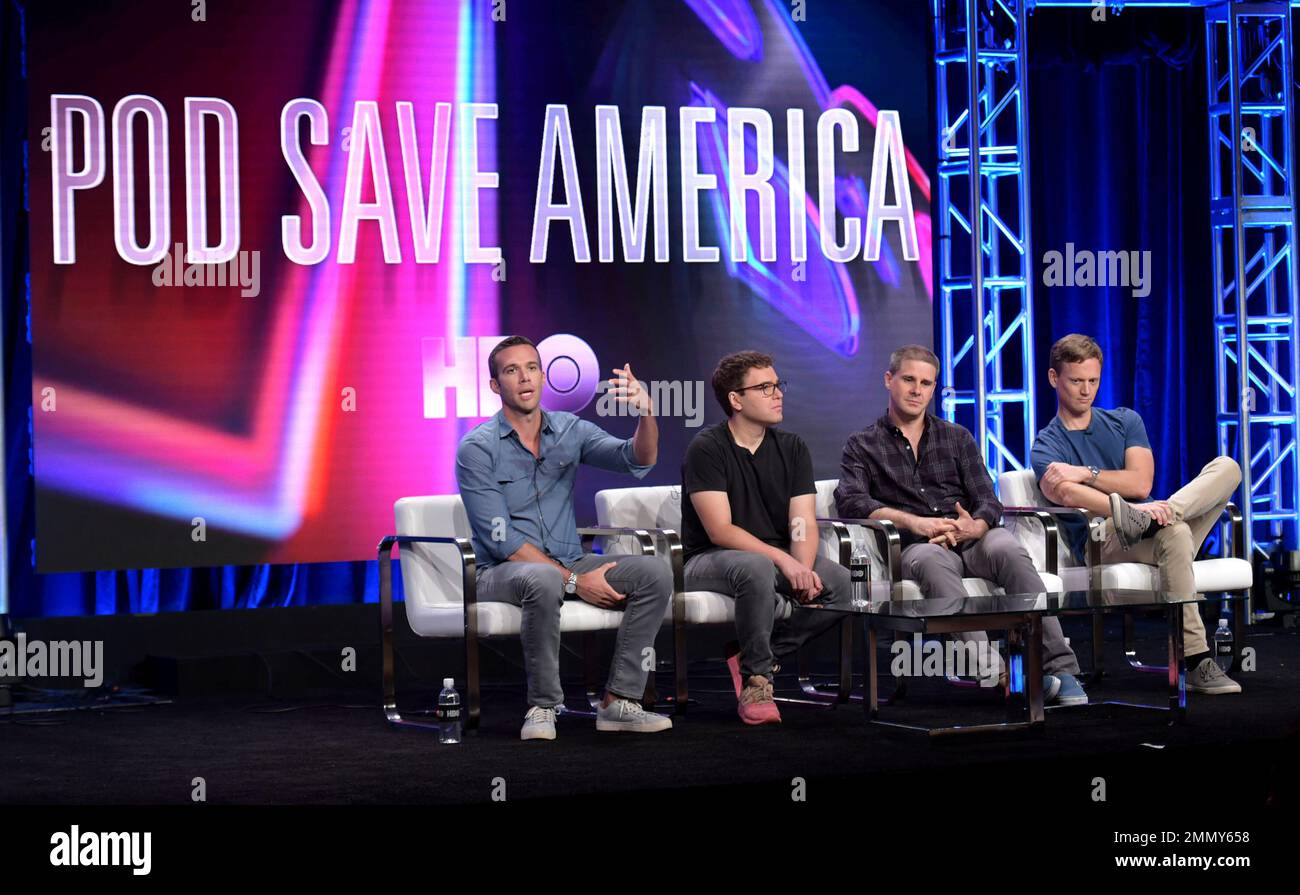 Jon Favreau, from left, Jon Lovett, Dan Pfeiffer and Tommy Vietor ...