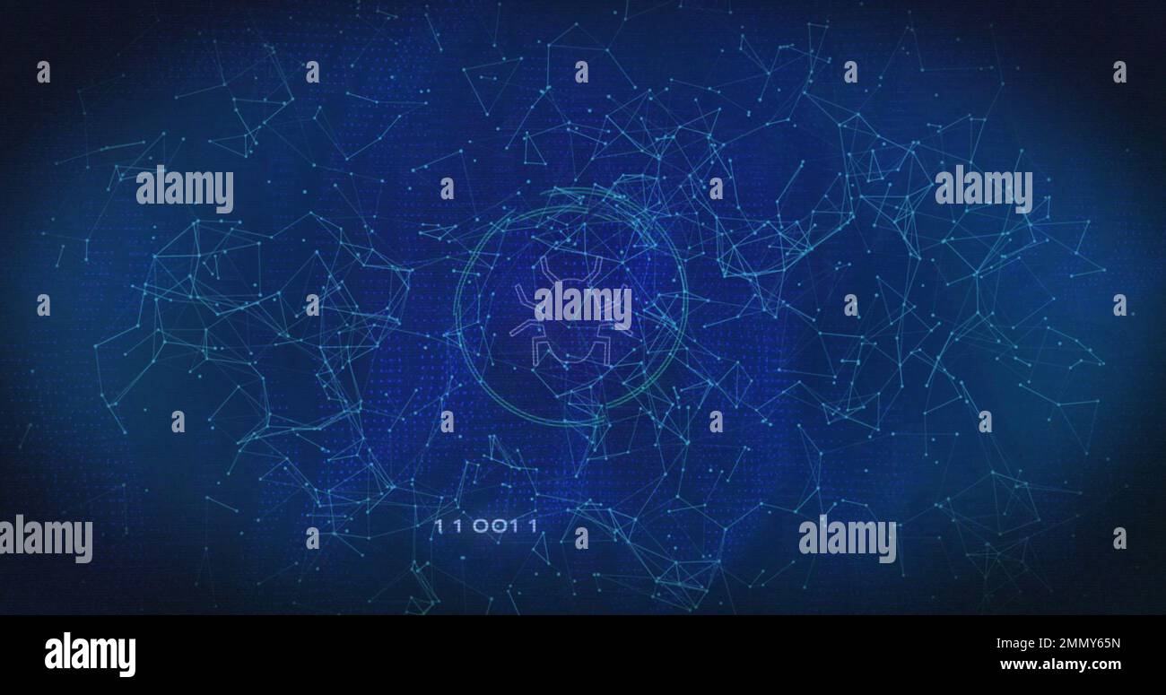 Composition of shapes and spots over bug icon on blue background Stock ...