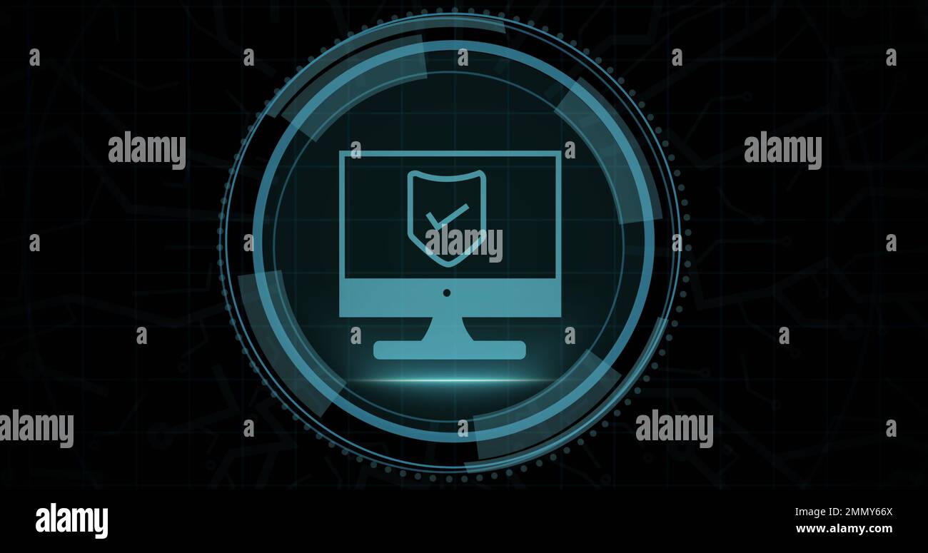 Composition of online security shield icon on black background Stock ...