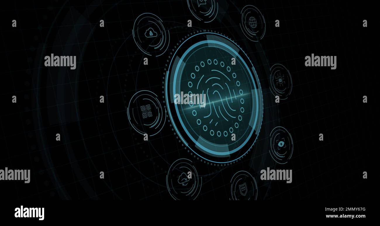 Composition of online security biometric fingerprint icon on black ...
