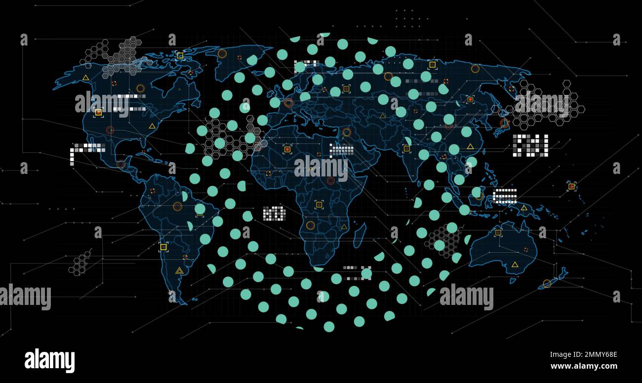 Composition of circle with dots and data processing over world map ...