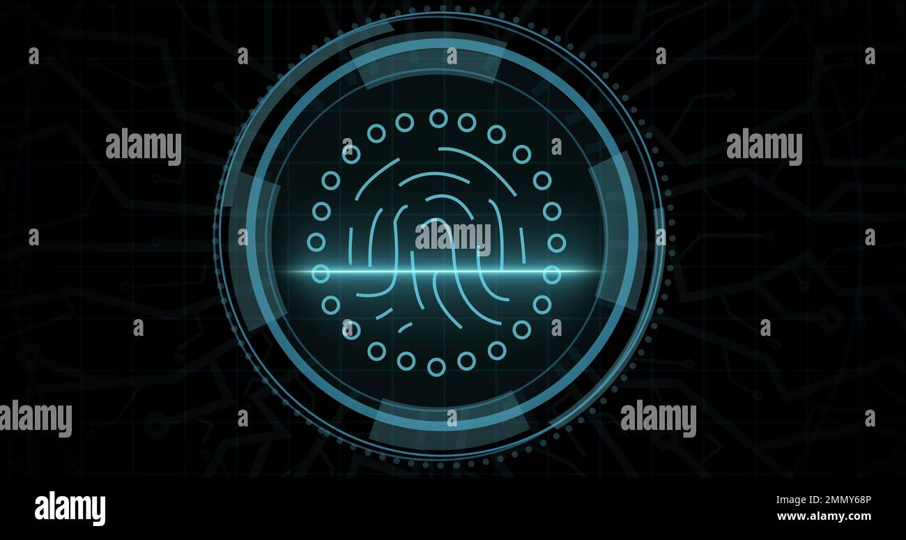 Composition of online security biometric fingerprint icon on black ...