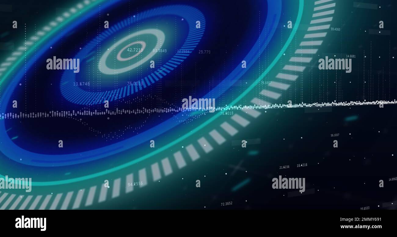 Composition of white spots and data processing over scope scanning on black background Stock ...