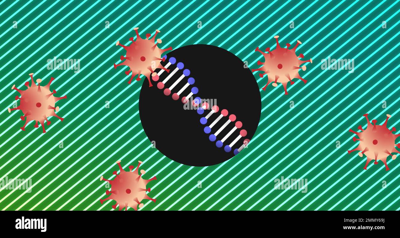 Composition of virus cells over dna strand and green stripes on black ...