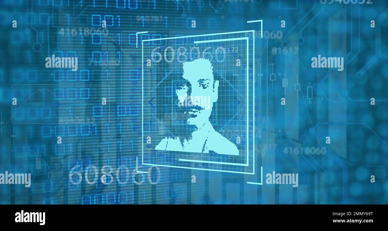 Composition of data processing with man portrait over shapes Stock Photo - Alamy