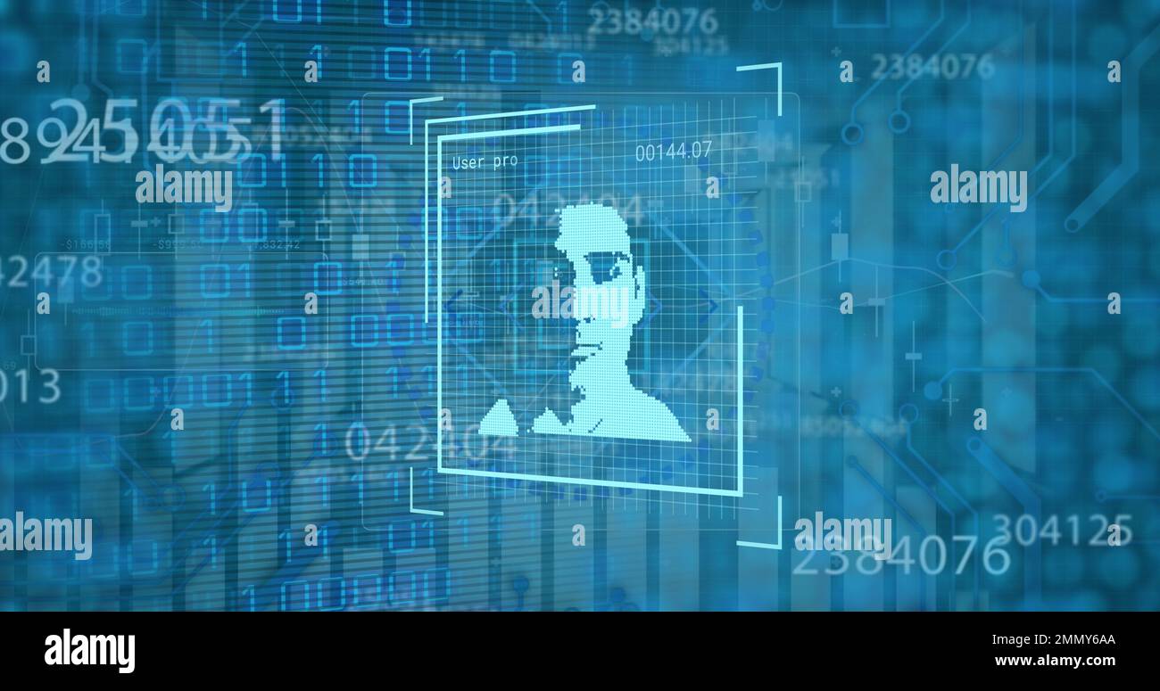 Composition of data processing with man portrait over shapes Stock Photo - Alamy