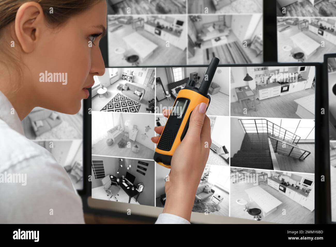 Security guard using portable transmitter at workplace, closeup Stock ...