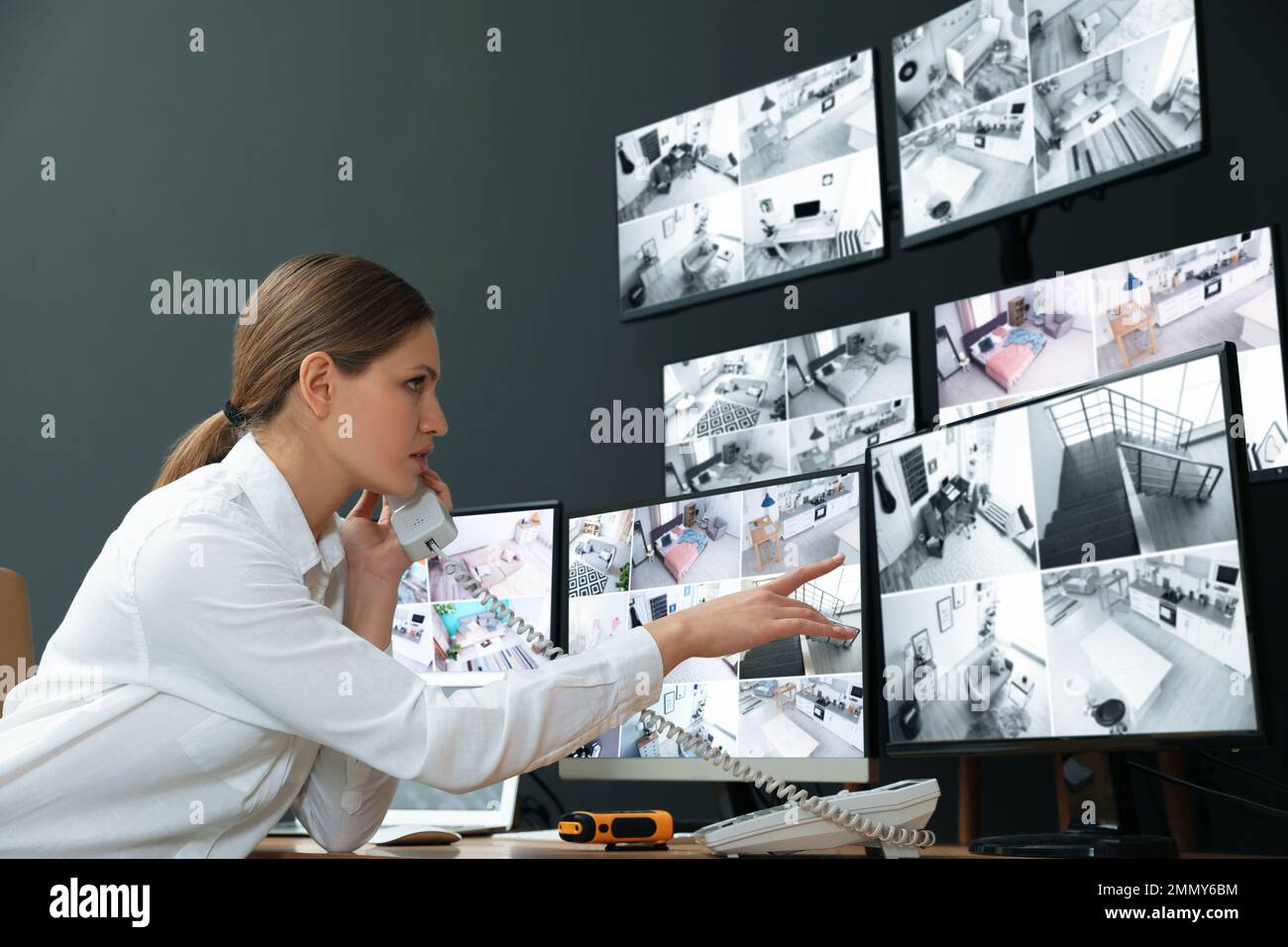 Security guard talking on telephone at workplace Stock Photo - Alamy
