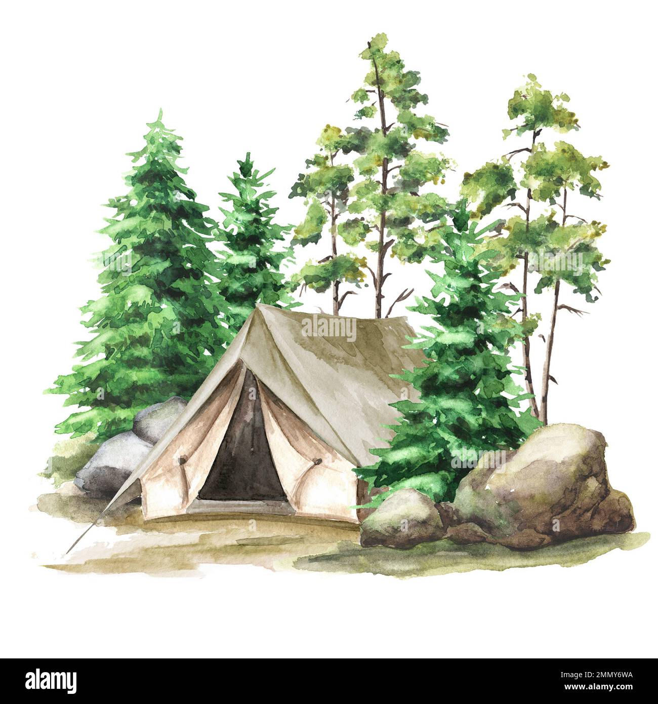 Hiking Tent in the forest. Camping concept. Hand drawn watercolor ...