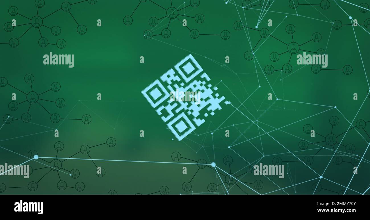 Composition Of Network Of Connections With Qr Code And Icons On Green