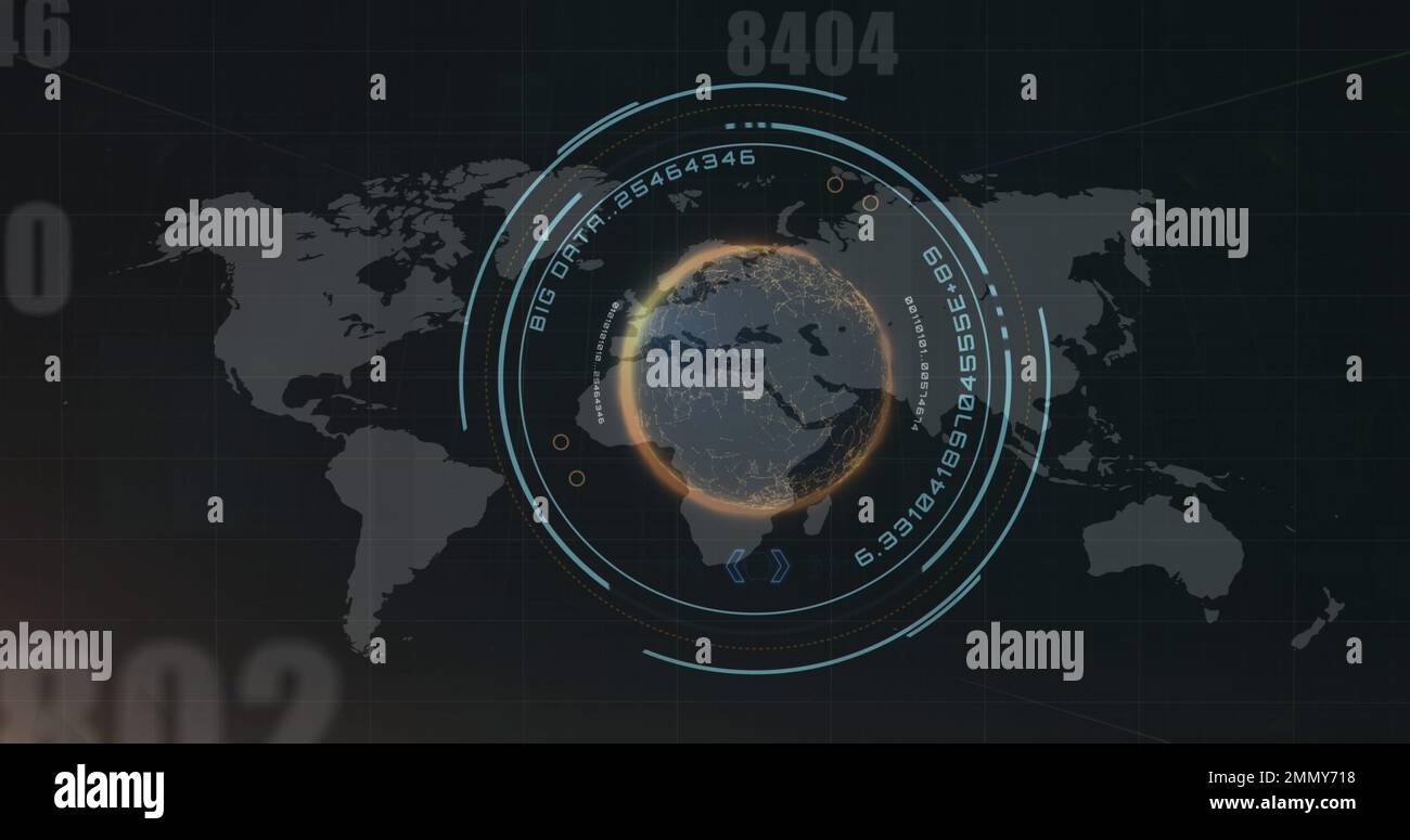 Composition of world map with numbers and scope scanning over black background Stock Photo - Alamy