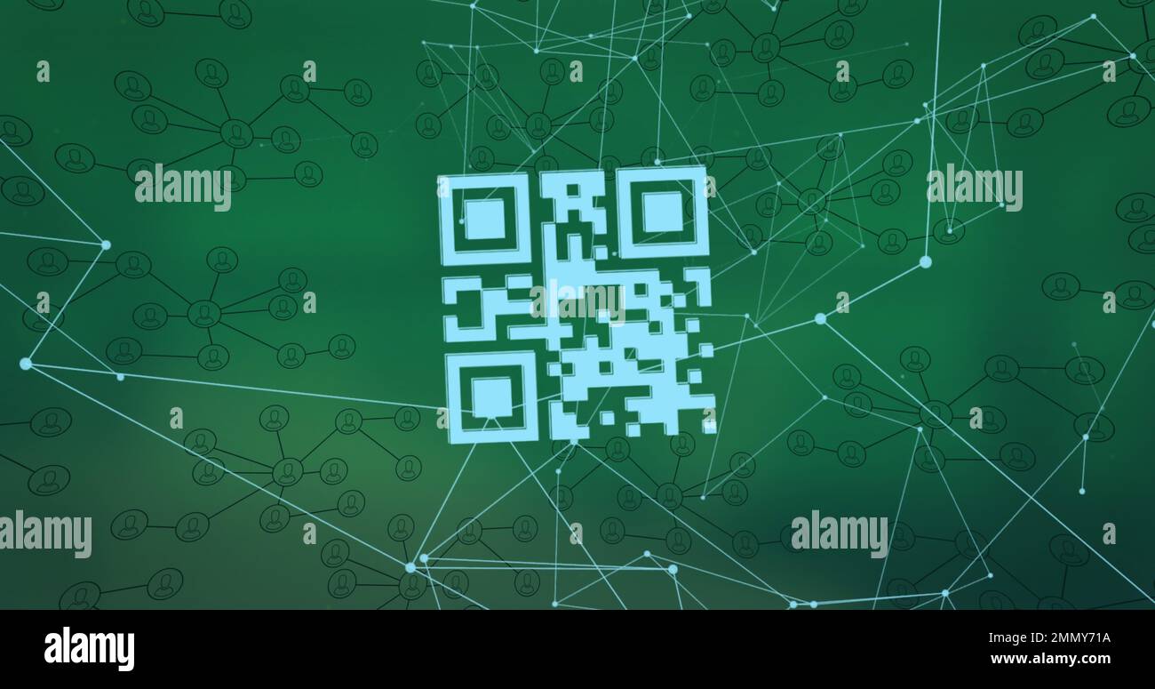 Composition Of Network Of Connections With Qr Code And Icons On Green