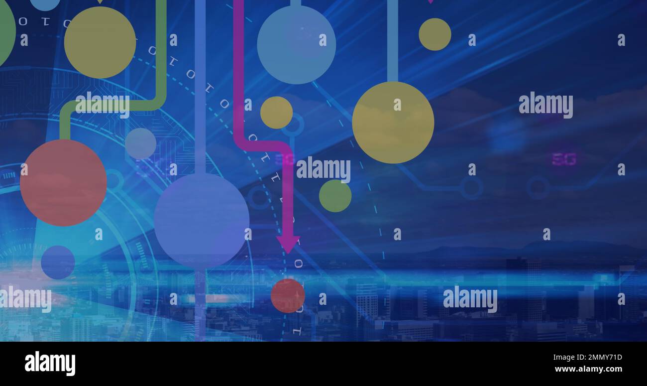 Composition of colourful spots and arrows over cityscape and scope ...