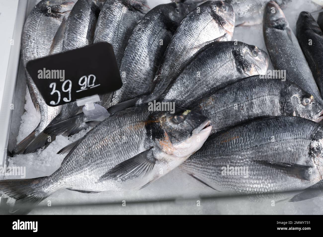 Different types of fresh fish on ice in supermarket, top view Stock ...