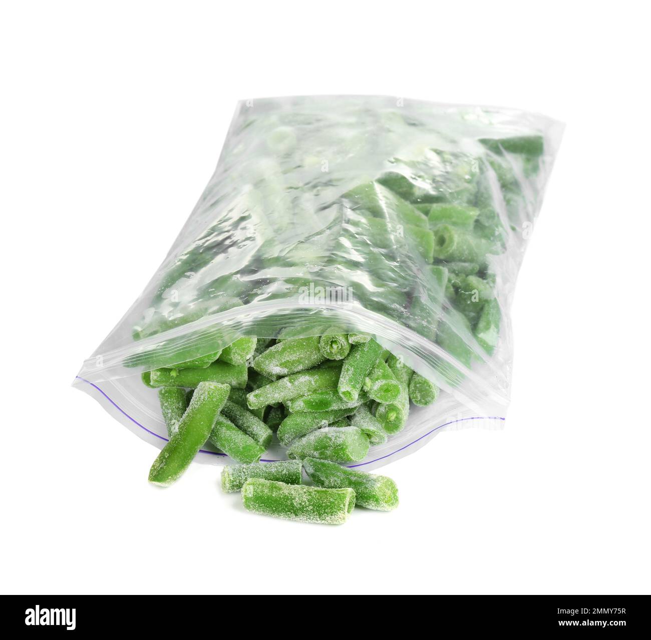 Frozen green beans in plastic bag isolated on white. Vegetable ...