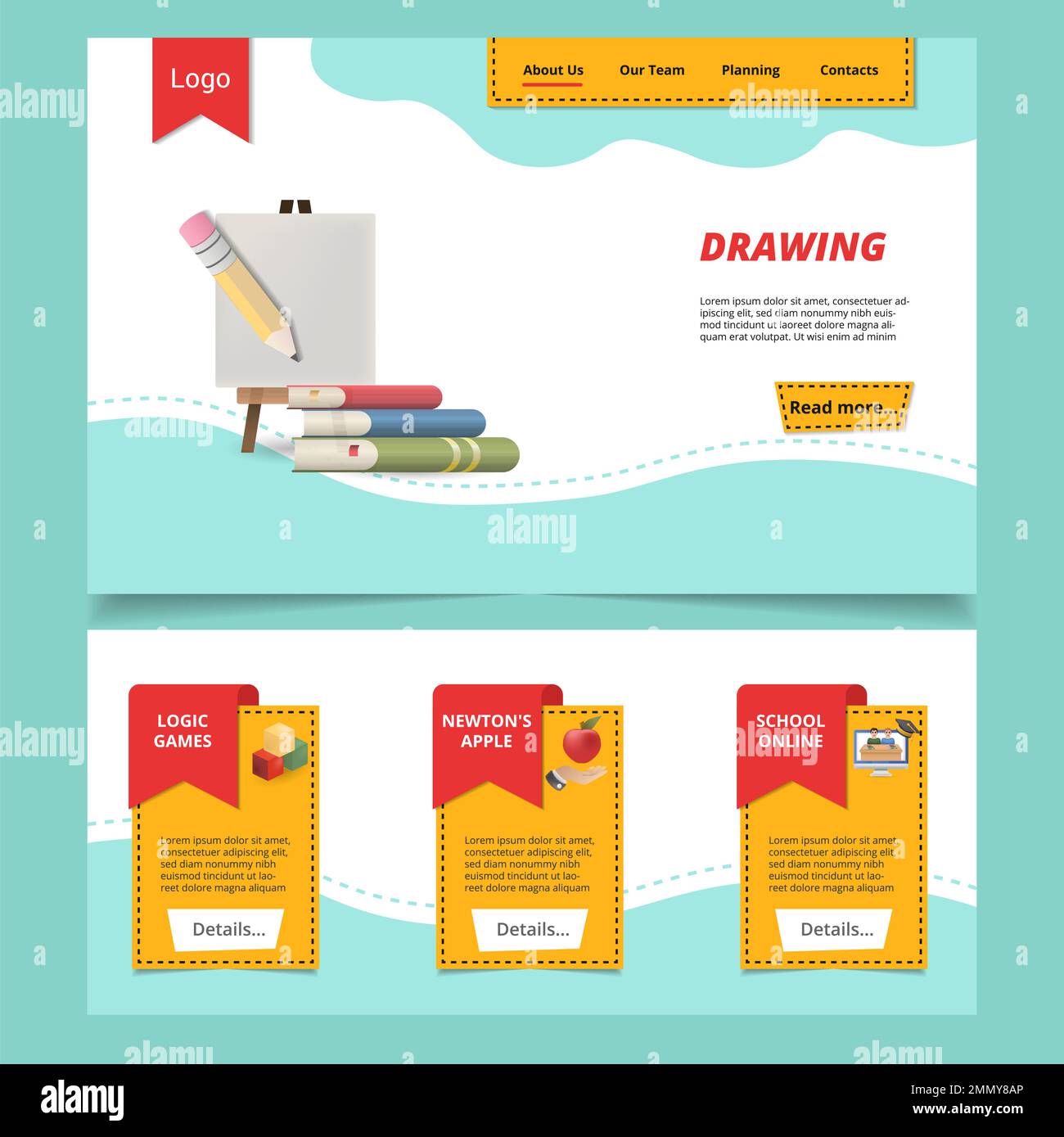 Drawing flat landing page website template. Logic games, Newton's apple ...