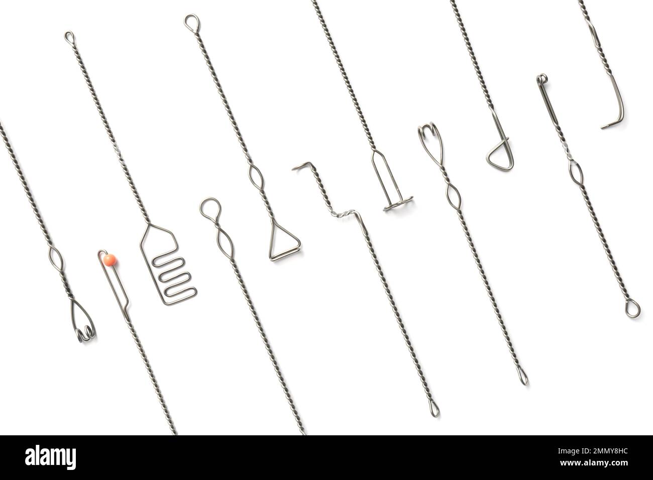 Set of logopedic probes on white background, top view. Speech therapist ...