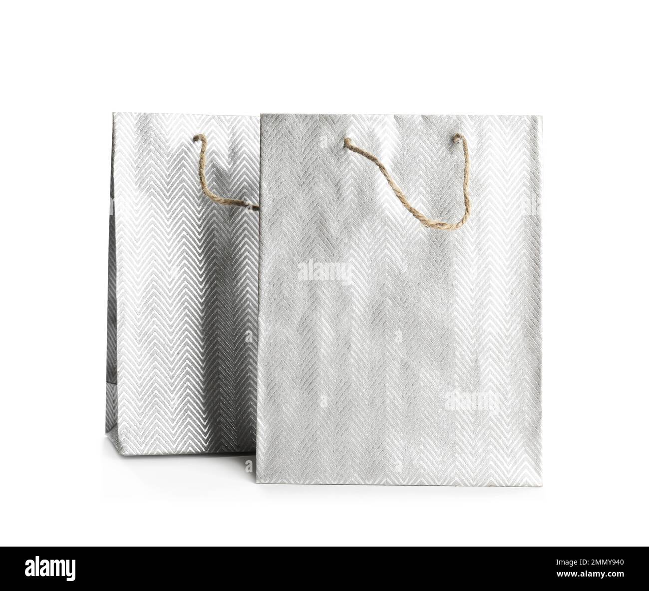 Silver paper shopping bags isolated on white. Space for design Stock ...