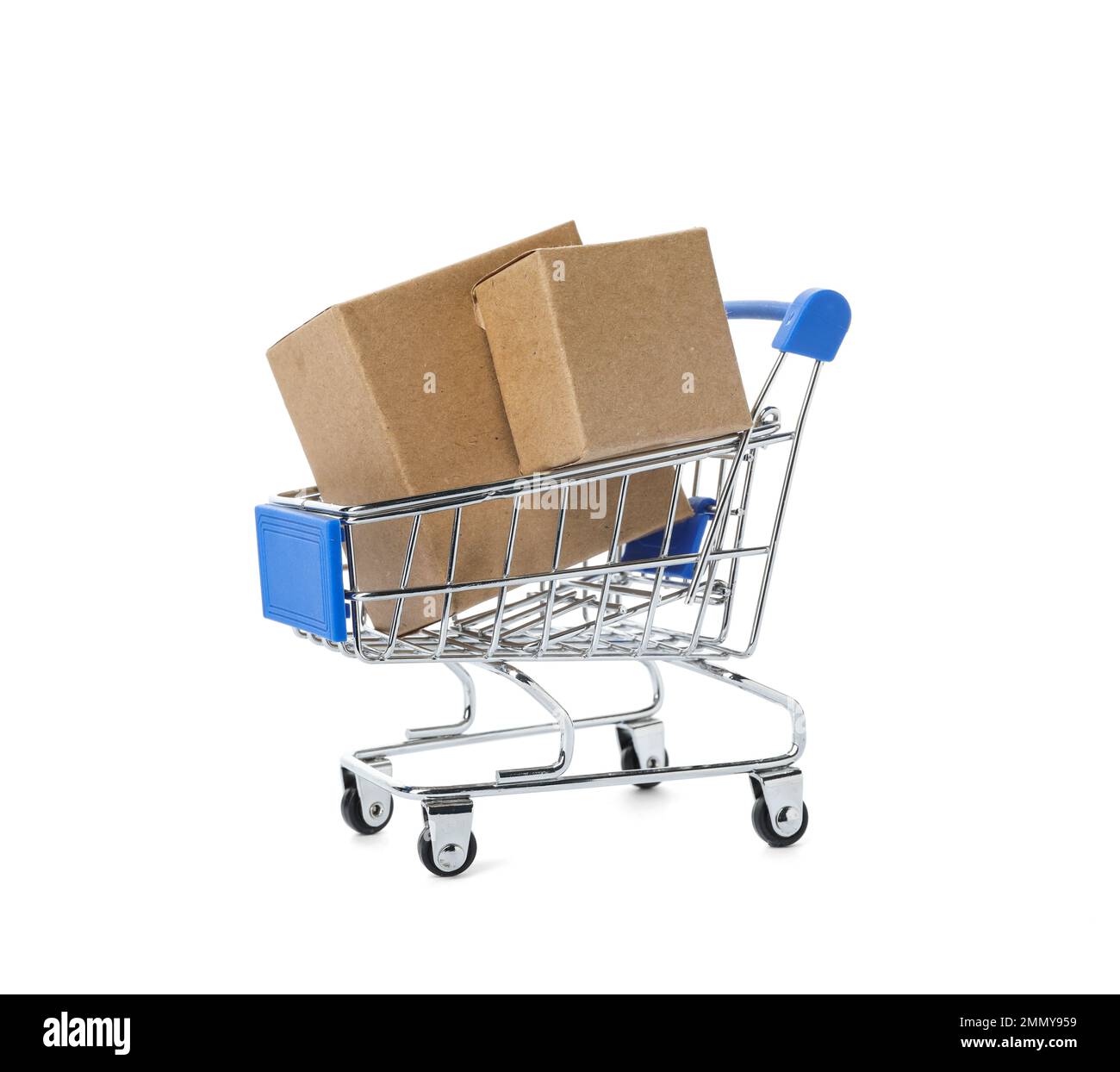 Shopping cart with boxes isolated on white. Logistics and wholesale ...
