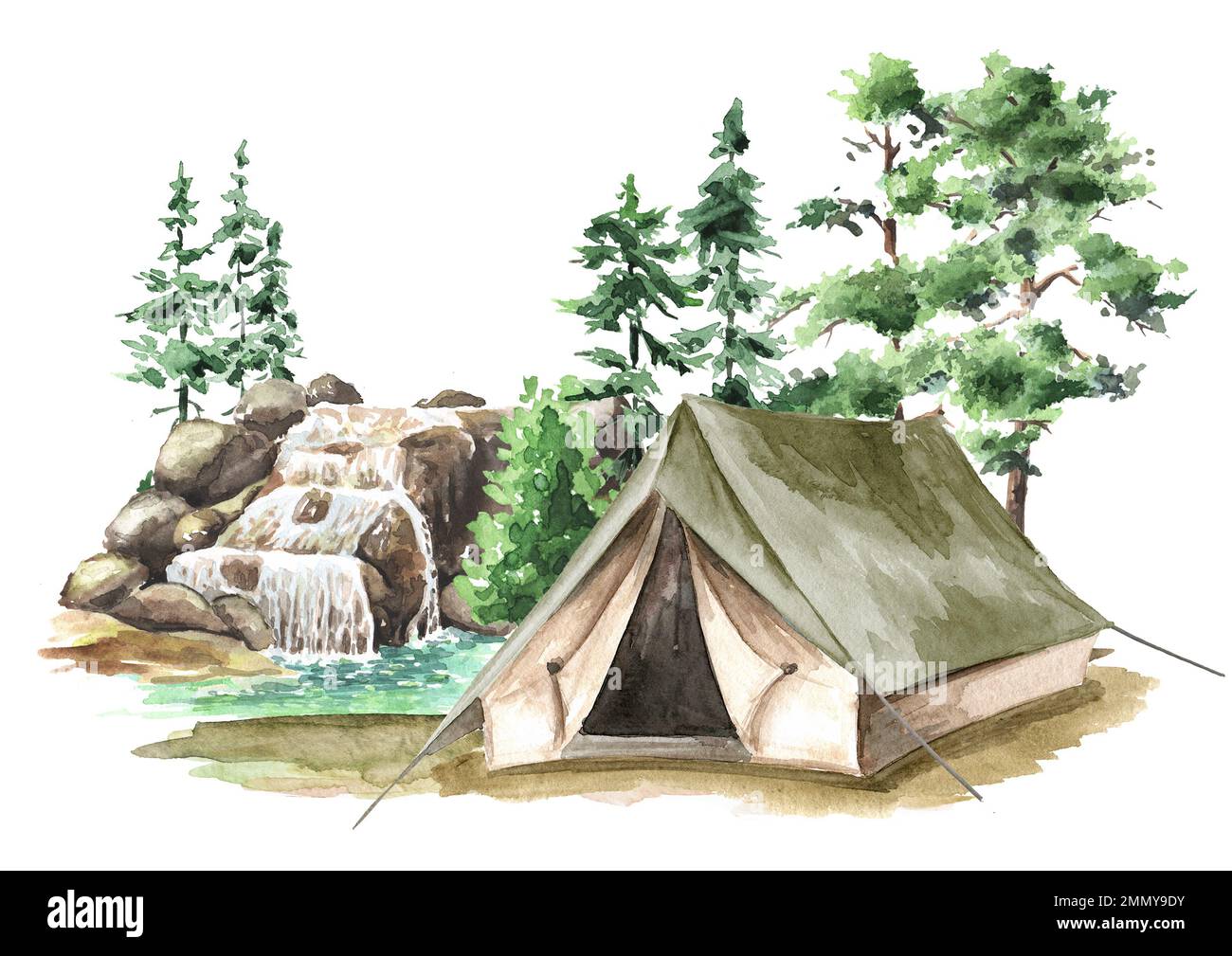Hiking Tent near the waterfall. Camping concept. Hand drawn watercolor ...