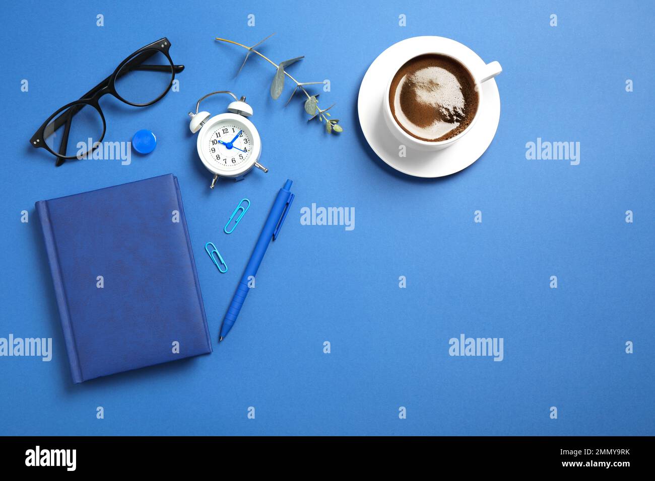 Flat lay composition inspired by color of the year 2020 (Classic blue ...