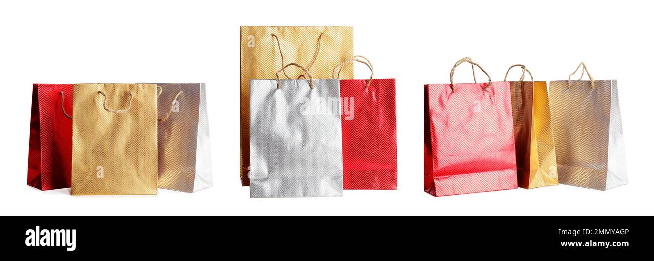 Set of paper shopping bags on white background. Banner design Stock ...